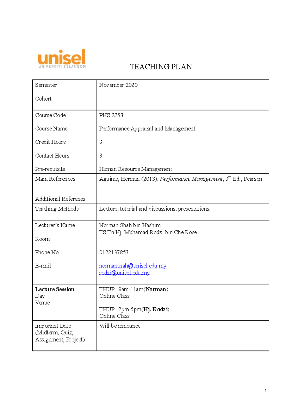 NEW Teaching Plan - Grade: b - TEACHING PLAN Semester Cohort November ...