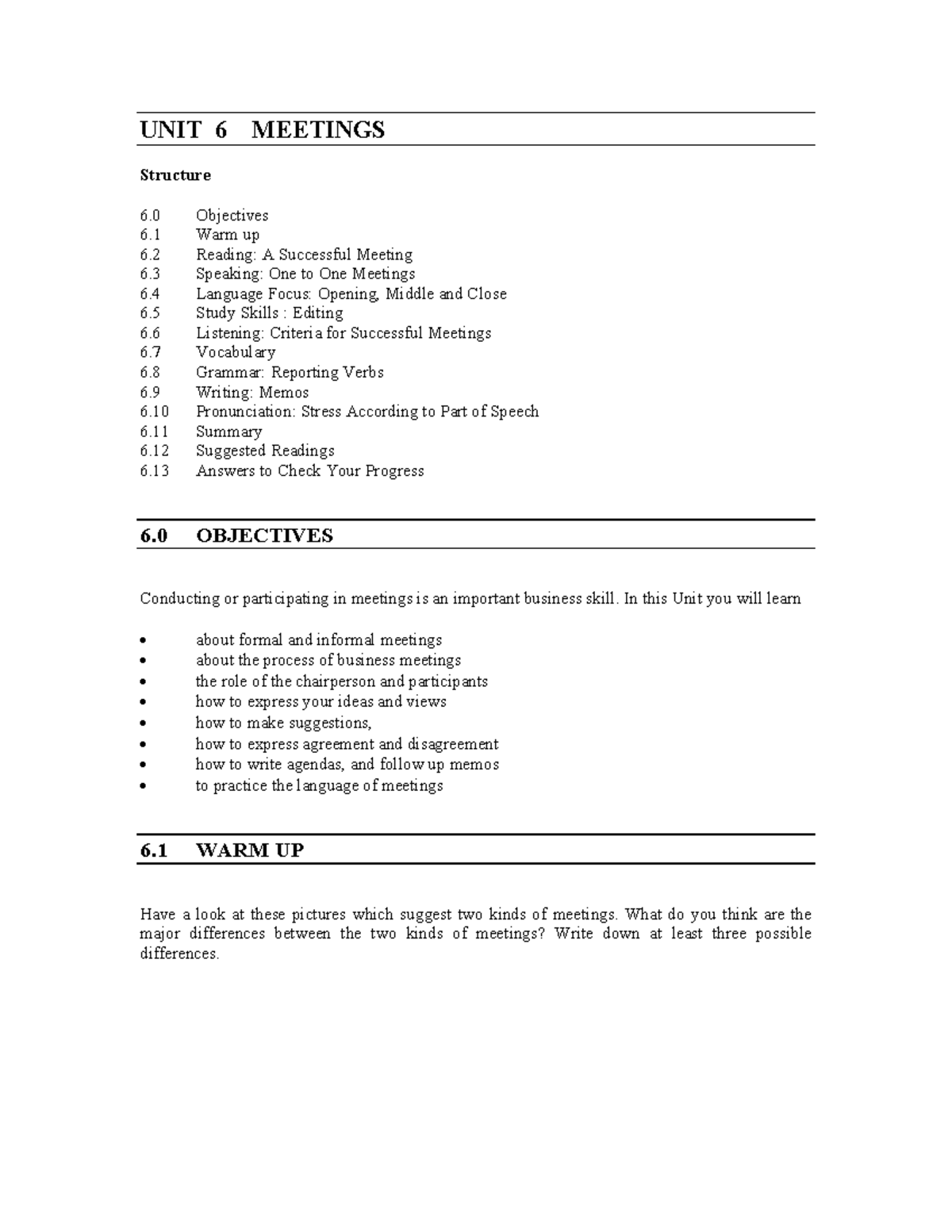 MCS 015 Block 2 www - MCA - UNIT 6 MEETINGS Structure 6 Objectives 6 Warm up 6 Reading: A ...