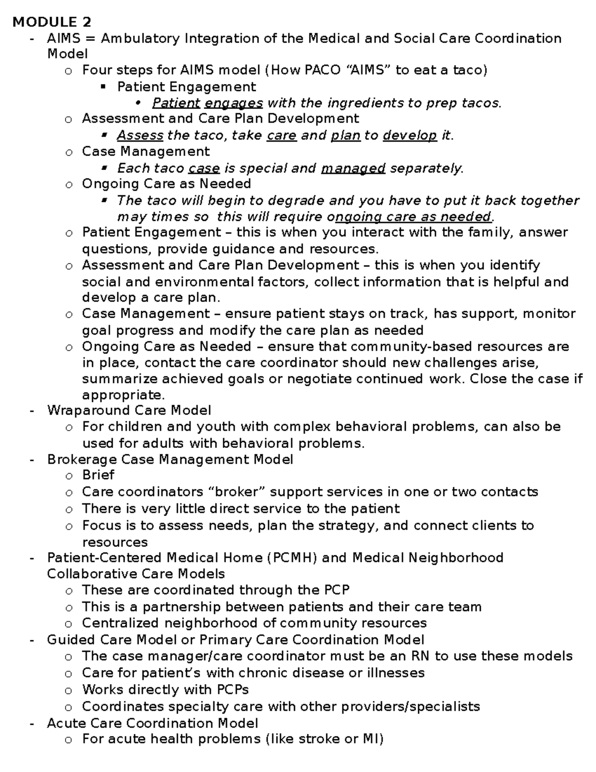 Cohort notes Module 2 - MODULE 2 AIMS = Ambulatory Integration of the ...
