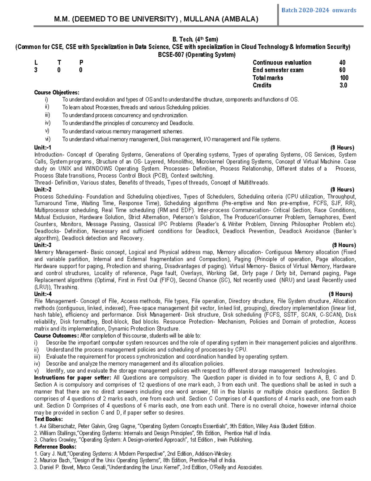 4 CSE Syllabi (Batch 2021-2025) - M. (DEEMED TO BE UNIVERSITY) , MULLANA (AMBALA) B. Tech. (4th ...