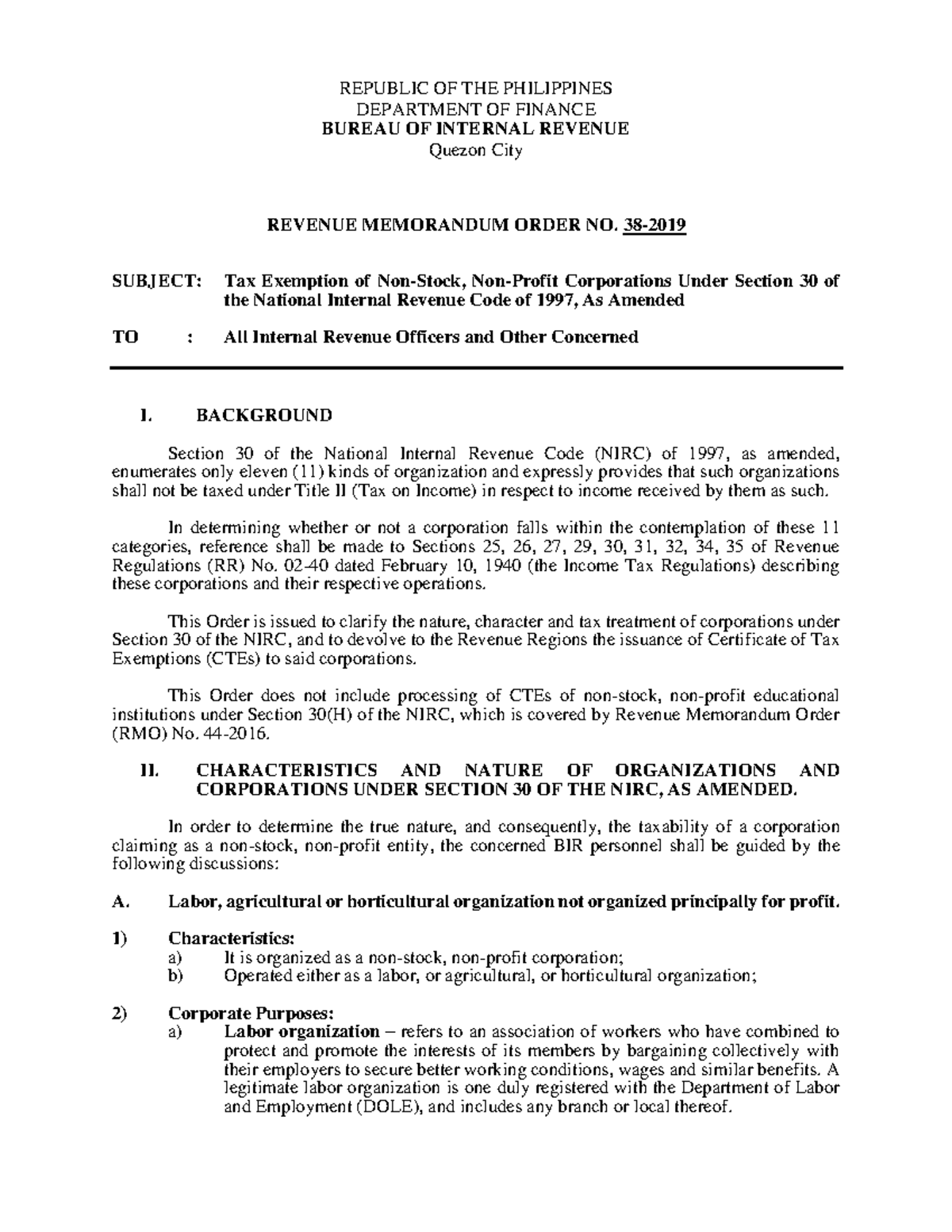 BIR-RMO-38-2019 (NON- Stock) - REPUBLIC OF THE PHILIPPINES DEPARTMENT ...