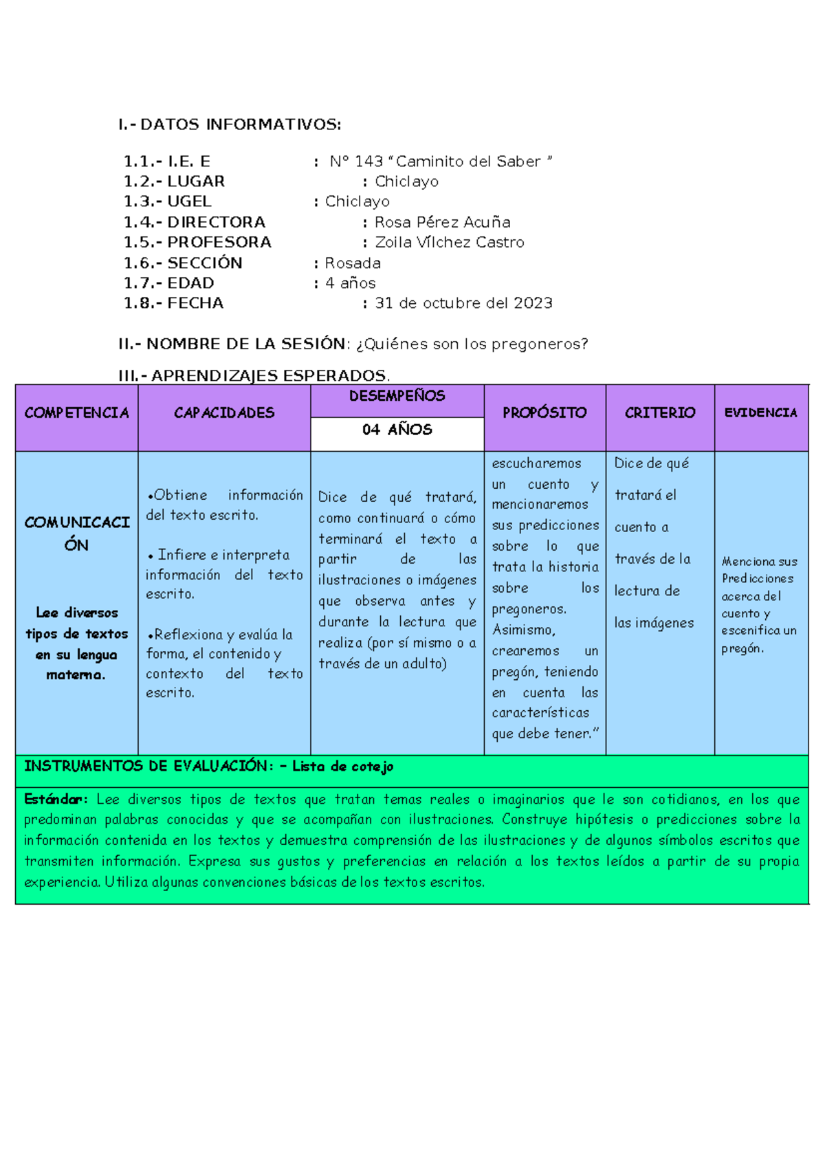 Señor de los milagros (1) - I.- DATOS INFORMATIVOS: 1.- I. E : N° 143 “Caminito del Saber ” 1 ...