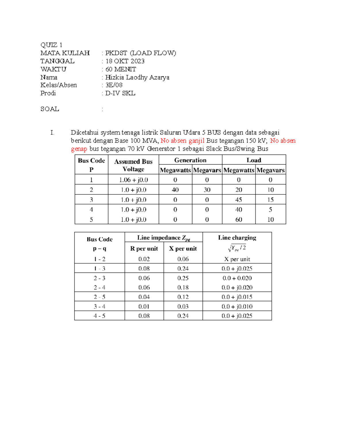 QUIZ 1 - Hshshsh - QUIZ 1 MATA KULIAH : PKDST (LOAD FLOW) TANGGAL : 18 ...