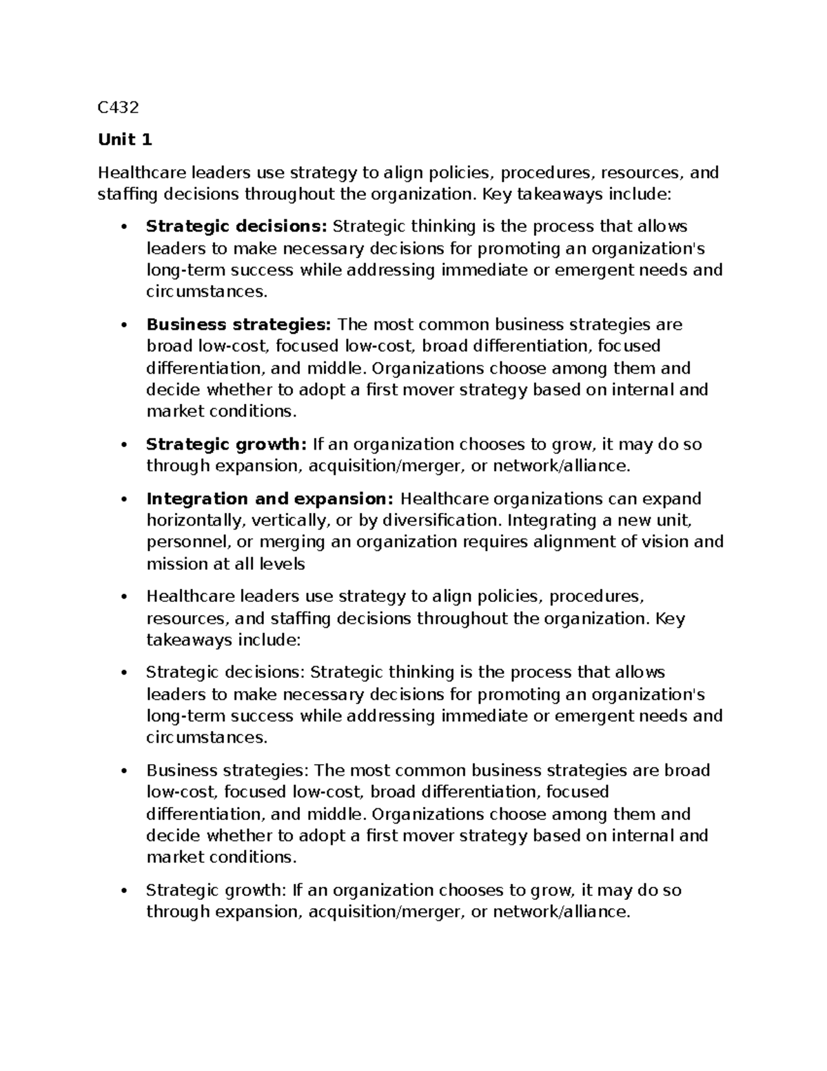 C432 - Lecture notes - C Unit 1 Healthcare leaders use strategy to ...