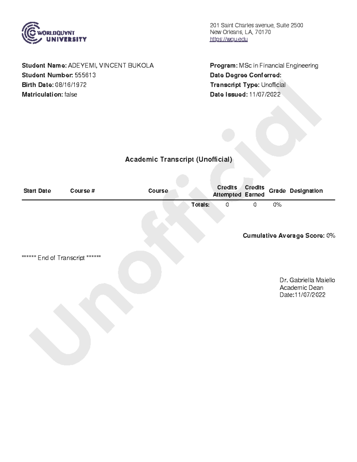 Vincent Bukola Adeyemi - Unofficial Transcripts - Nov 7, 2022 - 201 ...