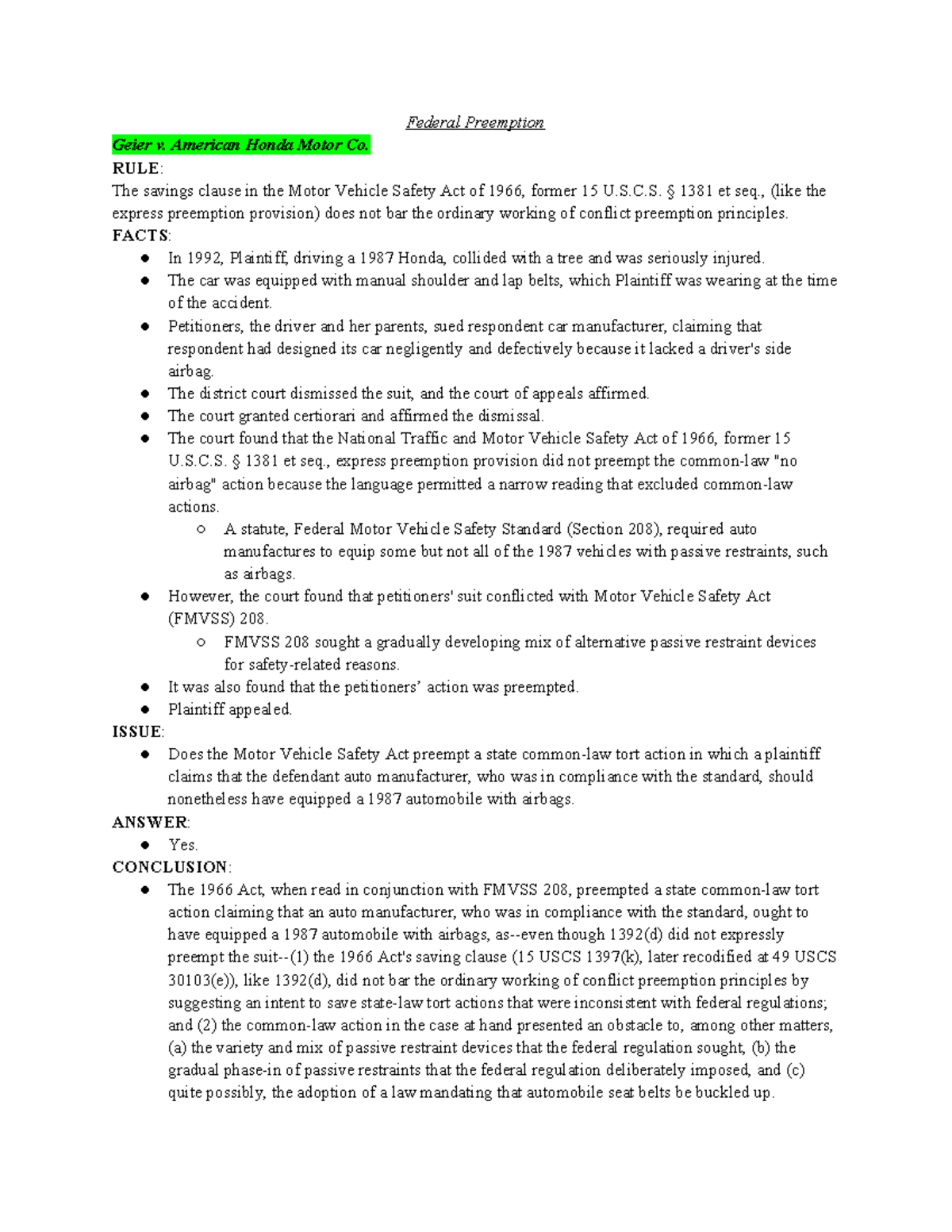 Torts 773-91 - Federal Preemption Geier v. American Honda Motor Co ...