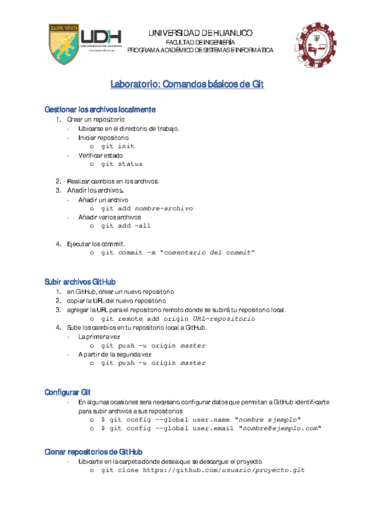 Laboratorio Git - lenguaje - UNIVERSIDAD DE HUANUCO FACULTAD DE INGENIERÍA PROGRAMA ACADÉMICO DE ...