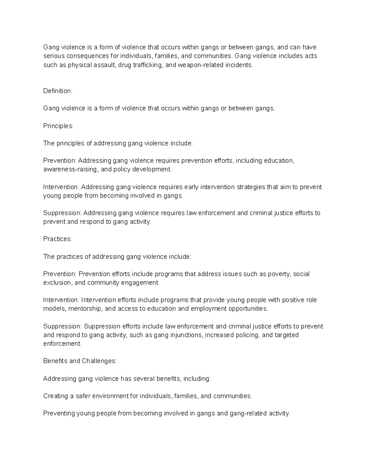 Gang Violence - Gang violence includes actssuch as physical assault, drug trafficking, and - Studocu