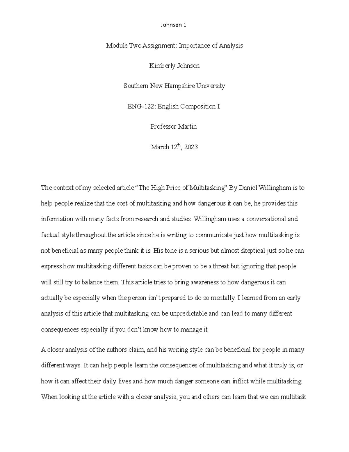 Module Two Assignment. Importance of Analysis - Johnson 1 Module Two Assignment: Importance of ...