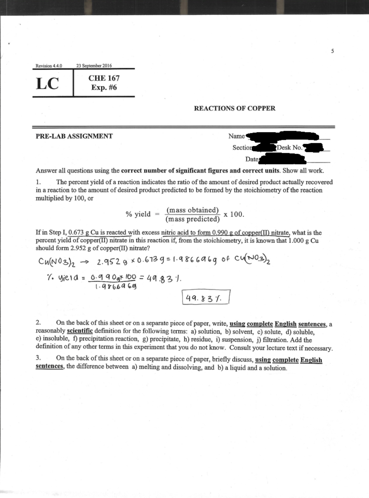 LAB 6 Reactions OF Copper 06 14 - CHEM 1331 - Fordham University - Studocu