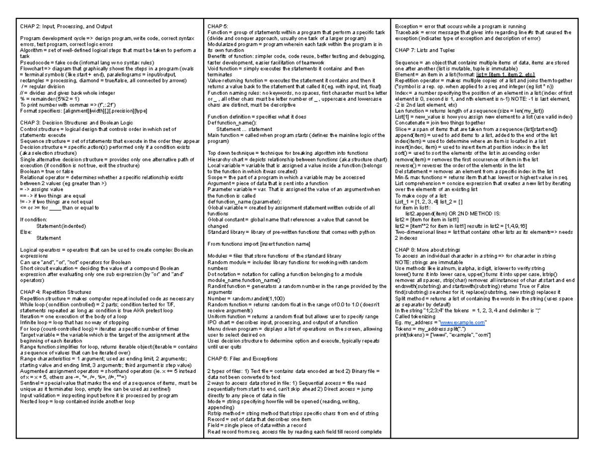 Cp104 final cheat sheet - CHAP 2: Input, Processing, and Output Program development cycle ...