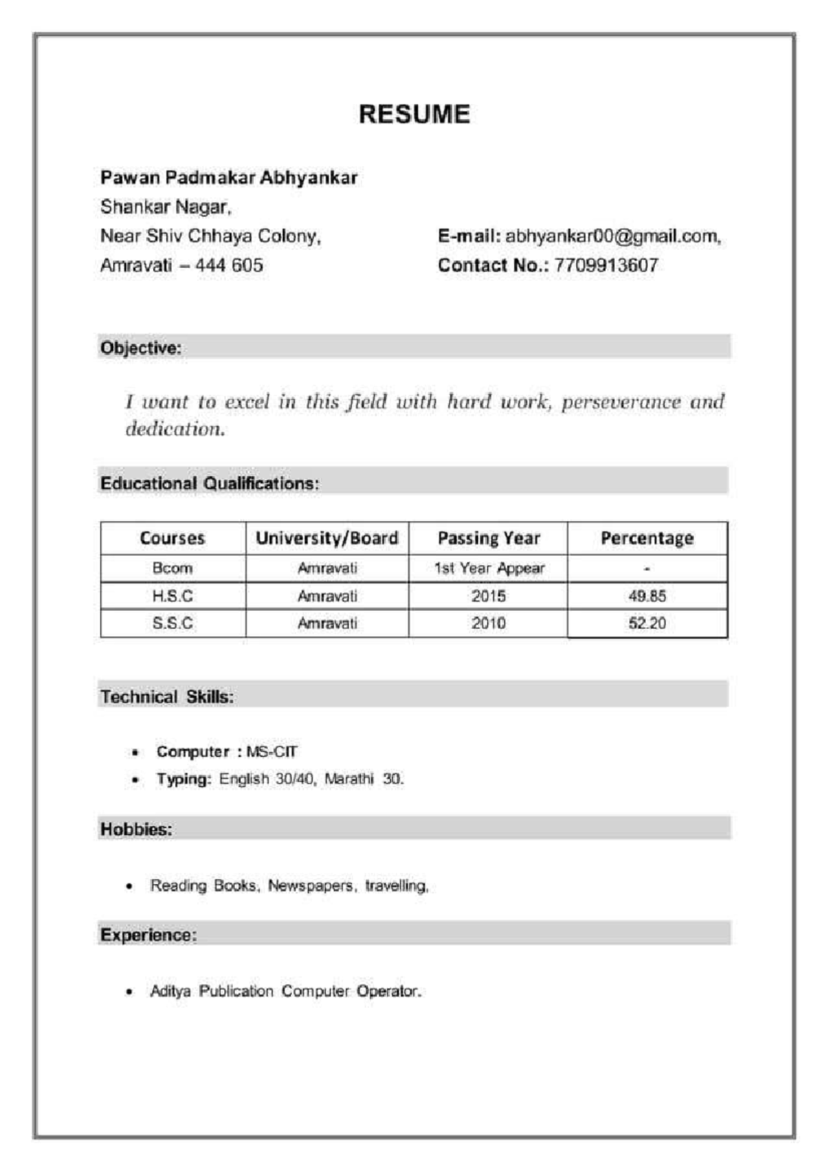 Simple Resume Format - RESUME Pawan Padmakar Abhyankar Shankar Nagar ...