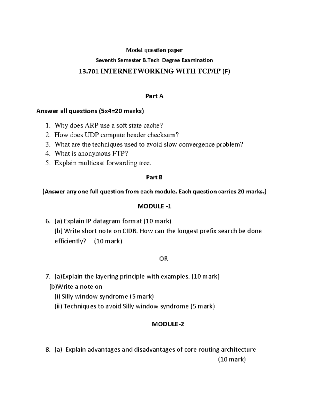 Internet working with TCP - Model question paper Seventh Semester B Degree Examination 13 - Studocu
