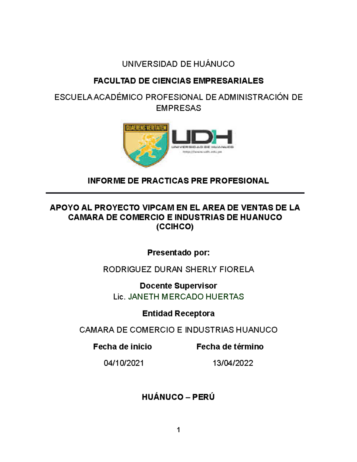 Informe Final Fiorella - portada UNIVERSIDAD DE HUÁNUCO FACULTAD DE ...