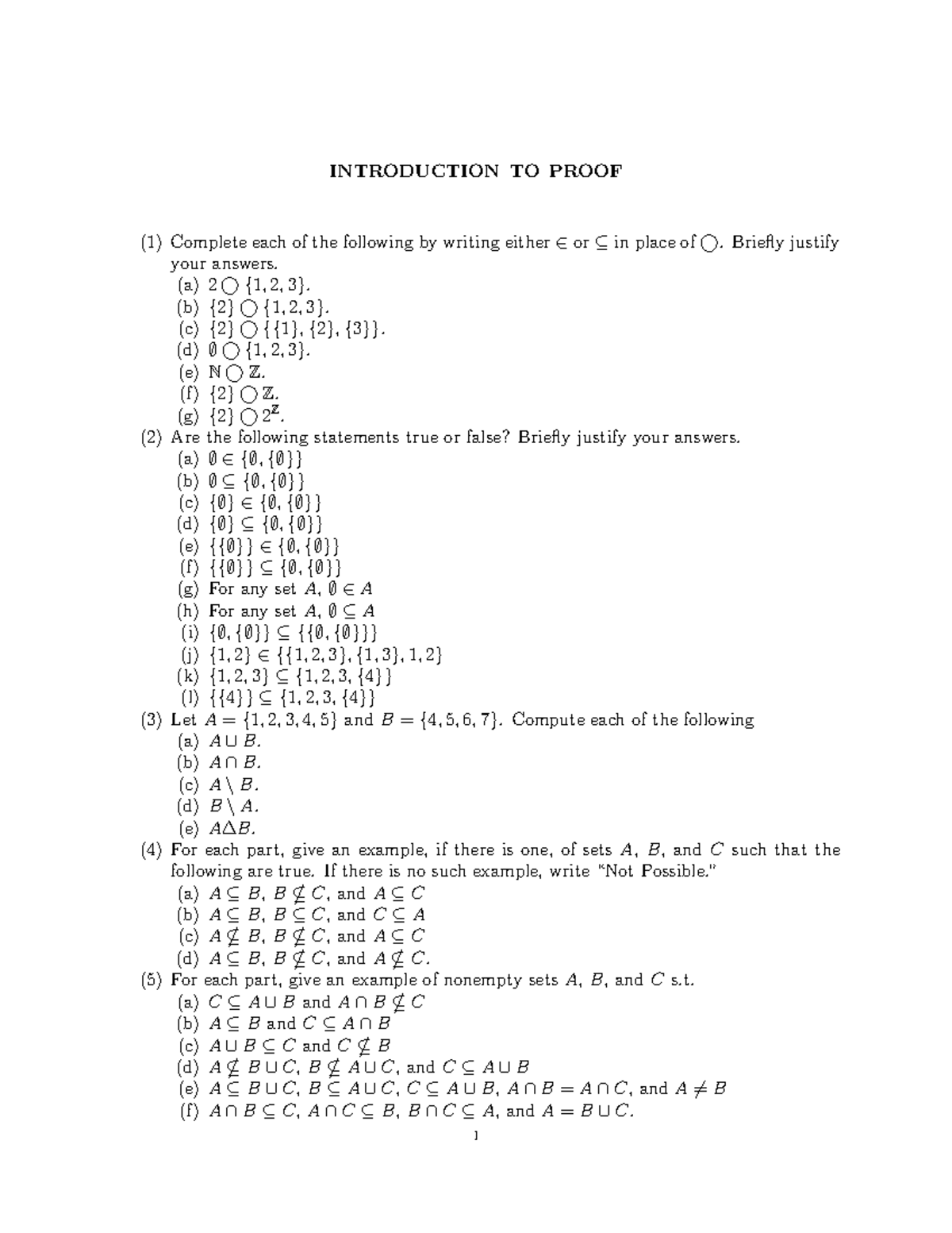 Set Theory Worksheet - INTRODUCTION TO PROOF (1) Complete each of the ...