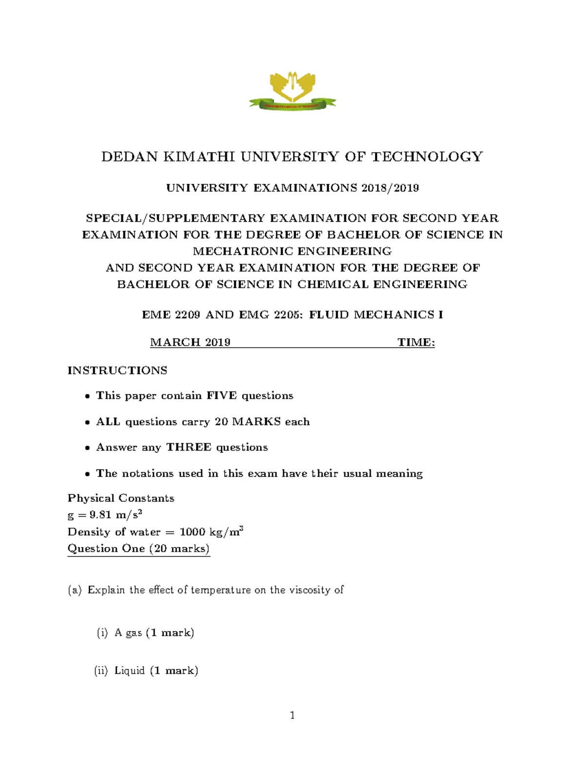 EMG 2205 March SUPP Exams 2019 - DEDAN KIMATHI UNIVERSITY OF TECHNOLOGY UNIVERSITY EXAMINATIONS ...