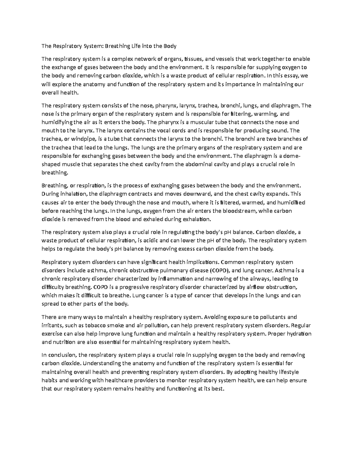 The Respiratory System - It is responsible for supplying oxygen to the ...