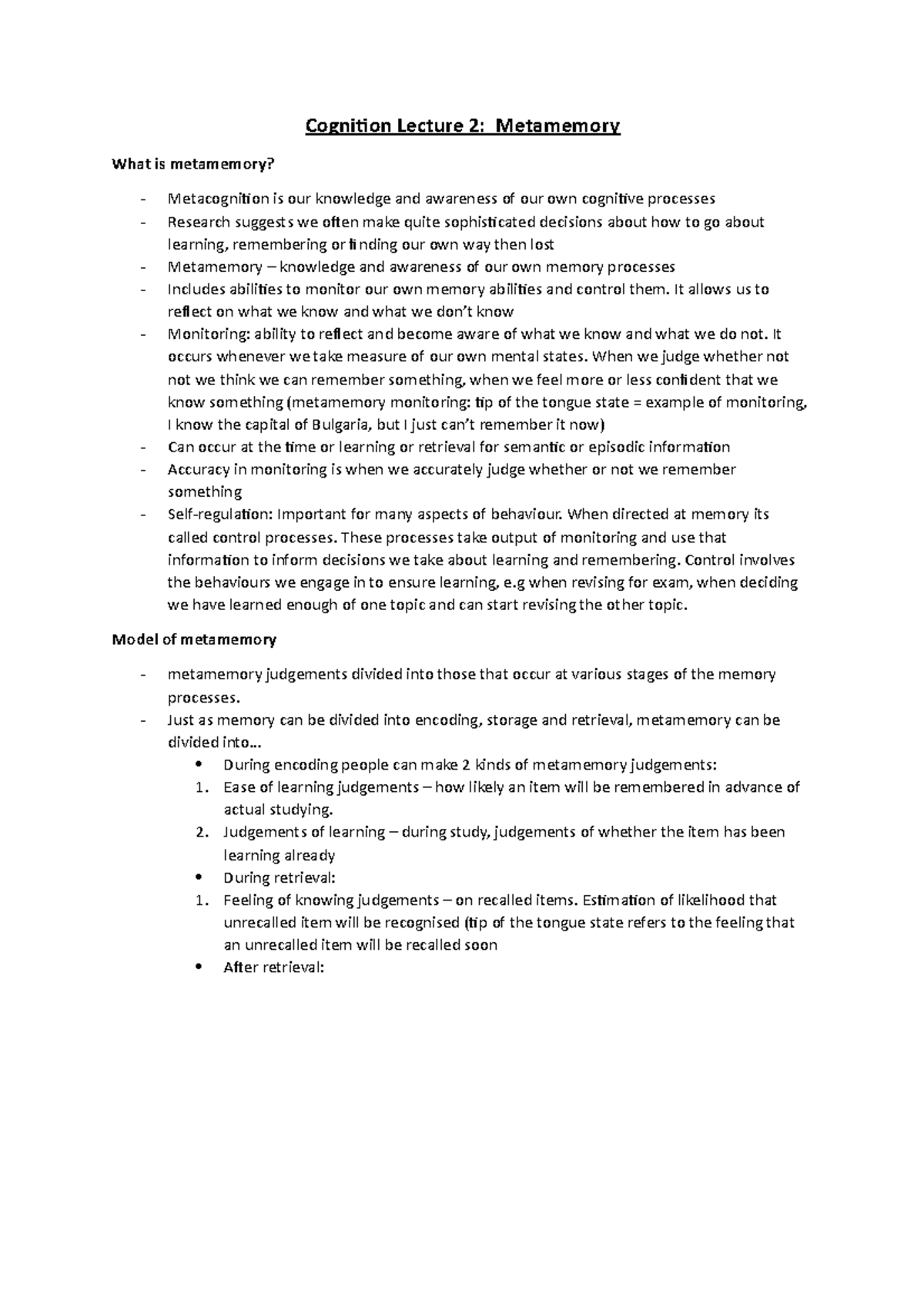 Cognition Lecture 2 - Metamemory - Cognition Lecture 2: Metamemory What is metamemory ...