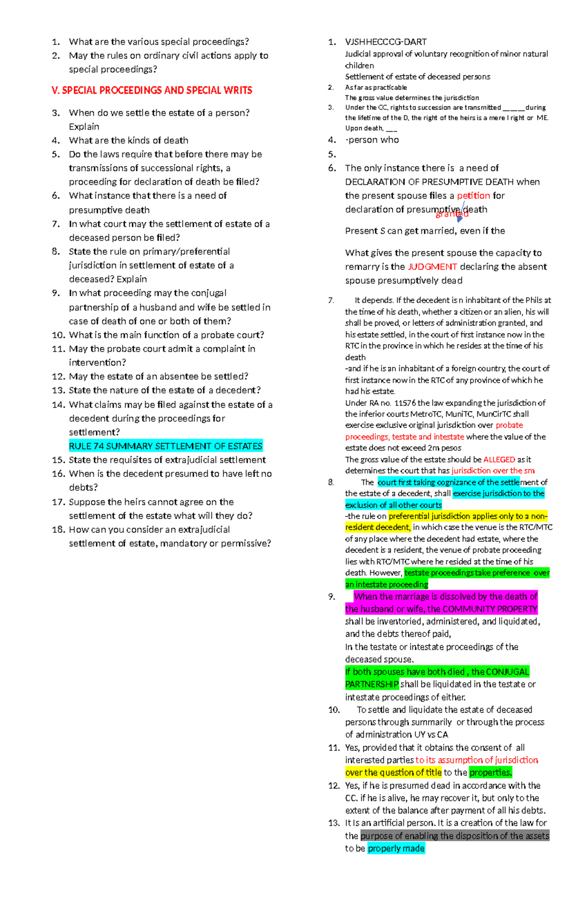 Remedial - 1. What are the various special proceedings? 2. May the ...