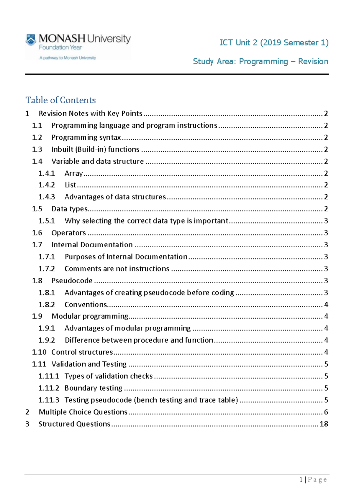 Programming Revision - ICT Unit 2 (2019 Semester 1) Study Area: Programming – Revision 1 ...