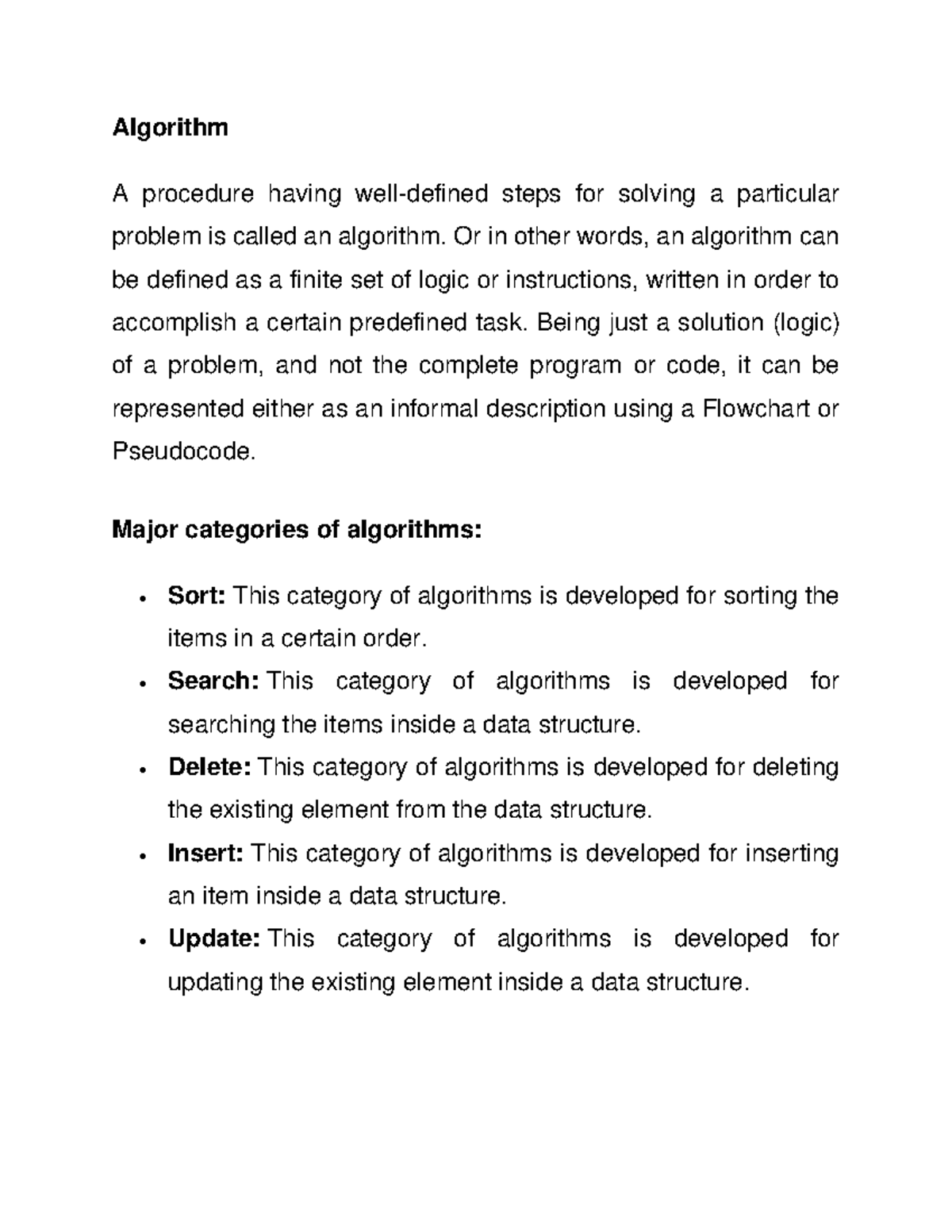 Algorithm Algorithm A Procedure Having Well Defined Steps For Solving A Particular Problem Is