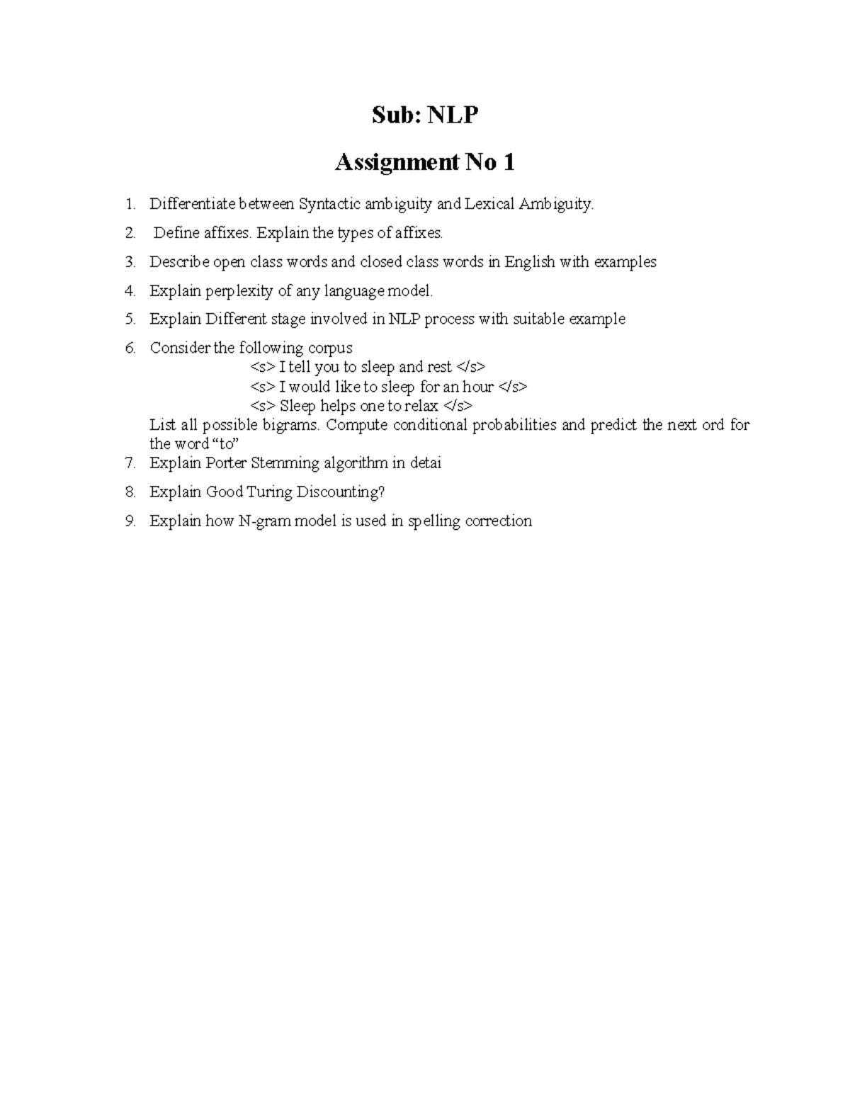 Assignment No1 - Sub: NLP Assignment No 1 1. Differentiate between Syntactic ambiguity and ...