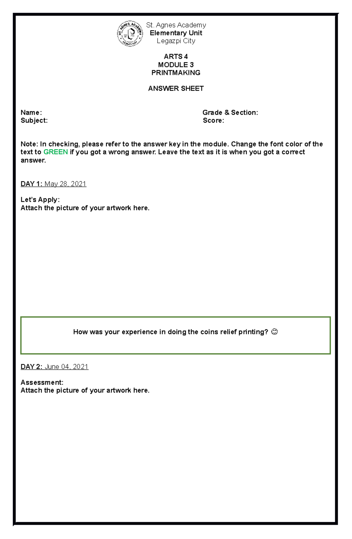 SLM 3-Arts 4 Answer Sheet (Printmaking) - St. Agnes Academy Elementary ...