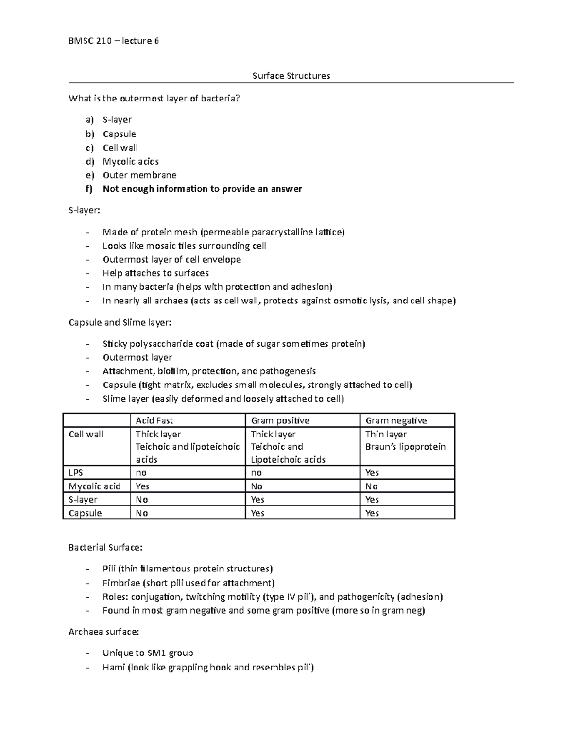 6 - Surface Structures - GENERAL - BMSC 210 – lecture 6 Surface ...