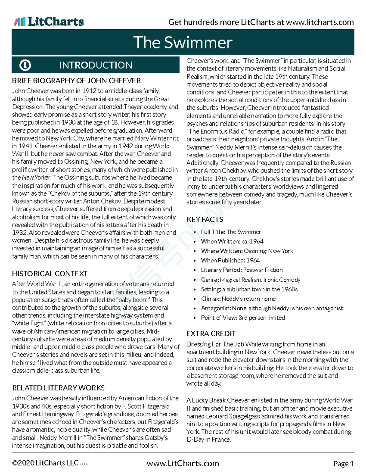 The-Swimmer-Lit Chart 1 - The Swimmer BRIEF BIOGRAPHY OF JOHN CHEEVER ...