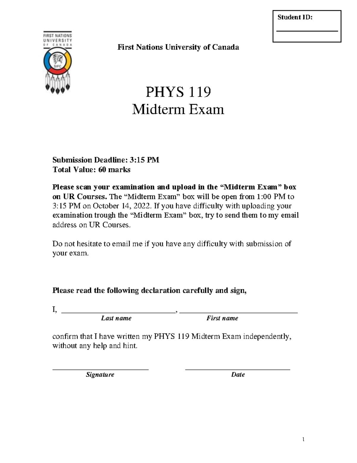 Phys119 Midterm updated 2022 Fall - First Nations University of Canada PHYS 119 Midterm Exam ...