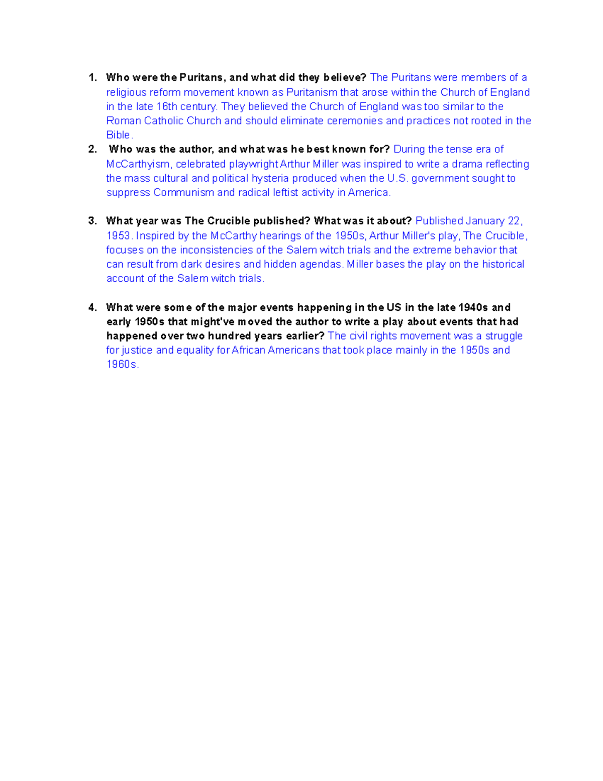 The Crucible Introduction - Who were the Puritans, and what did they ...