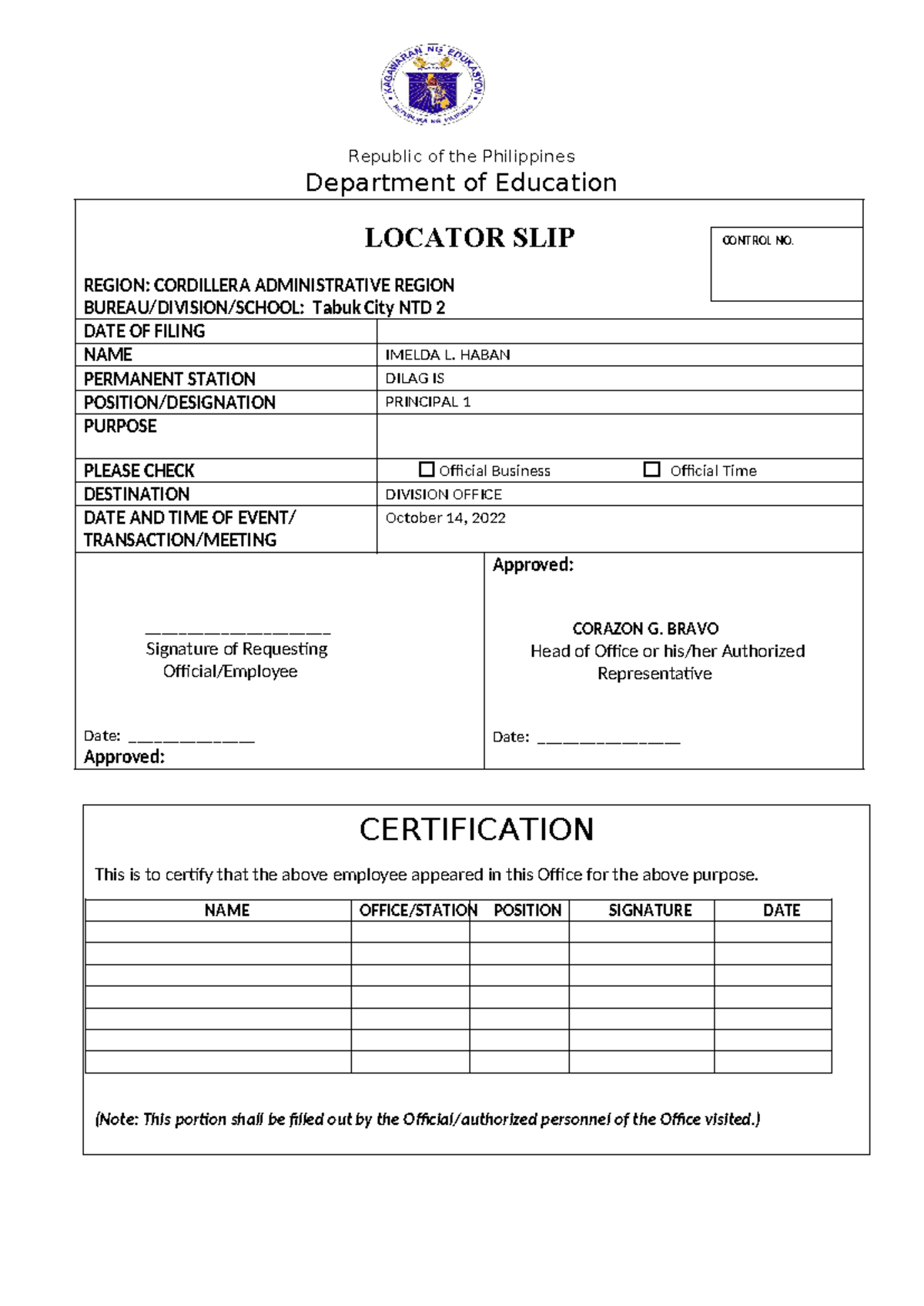 Locator SLIP FOR SH - Republic of the Philippines Department of ...