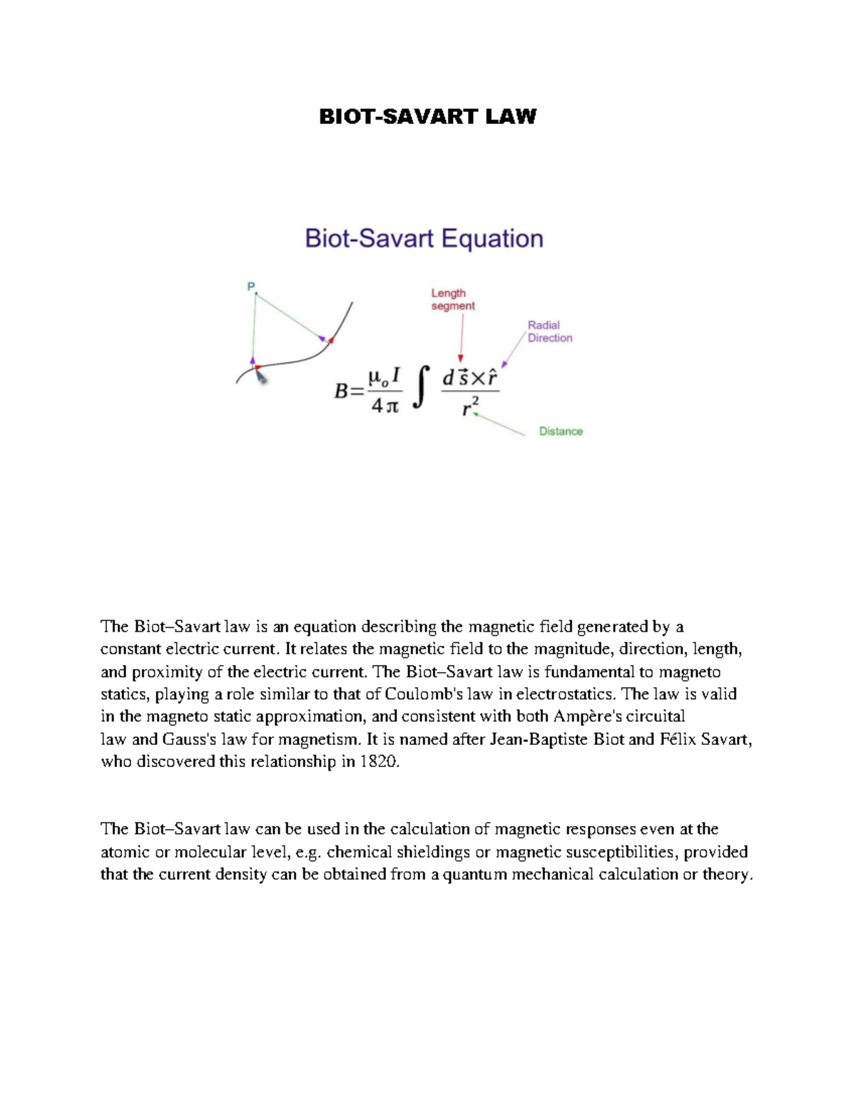 BIOT savert law - h h jh - BIOT-SAVART LAW The Biot–Savart law is an ...