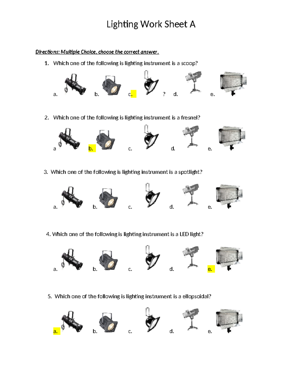 Lighting work sheet A ...