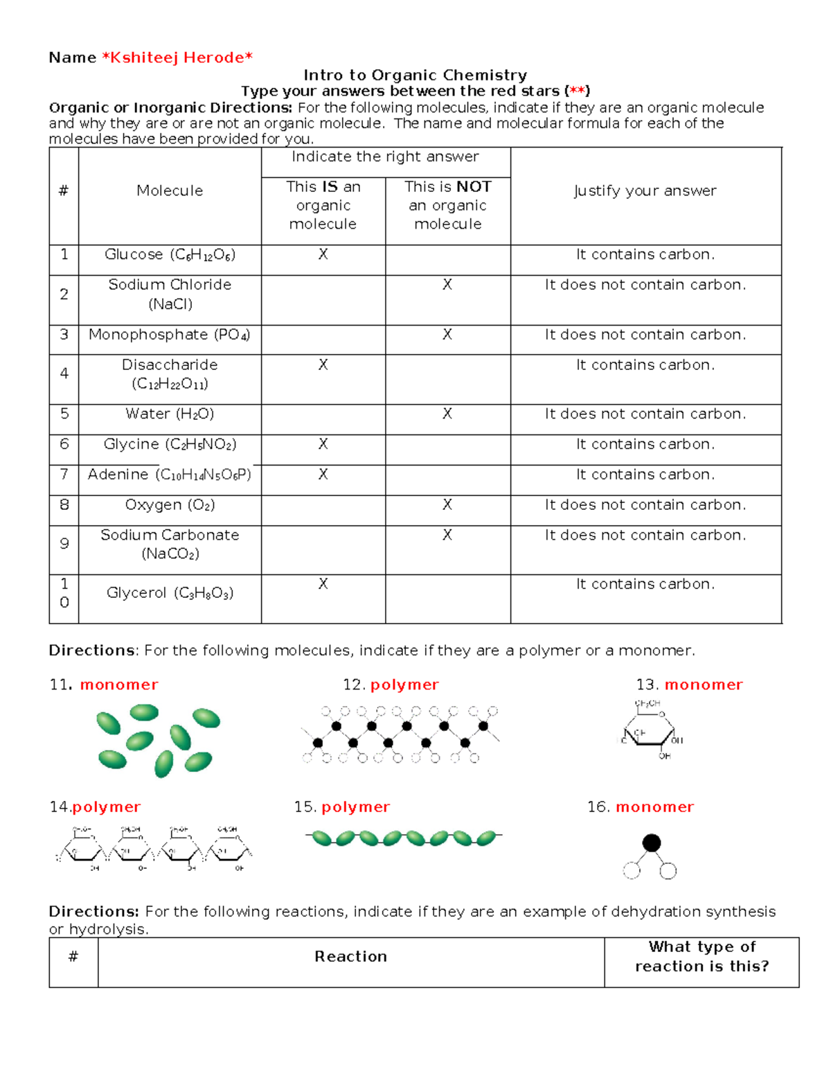 IB MYP Intro to organic chem structures ws - Name Kshiteej Herode Intro ...