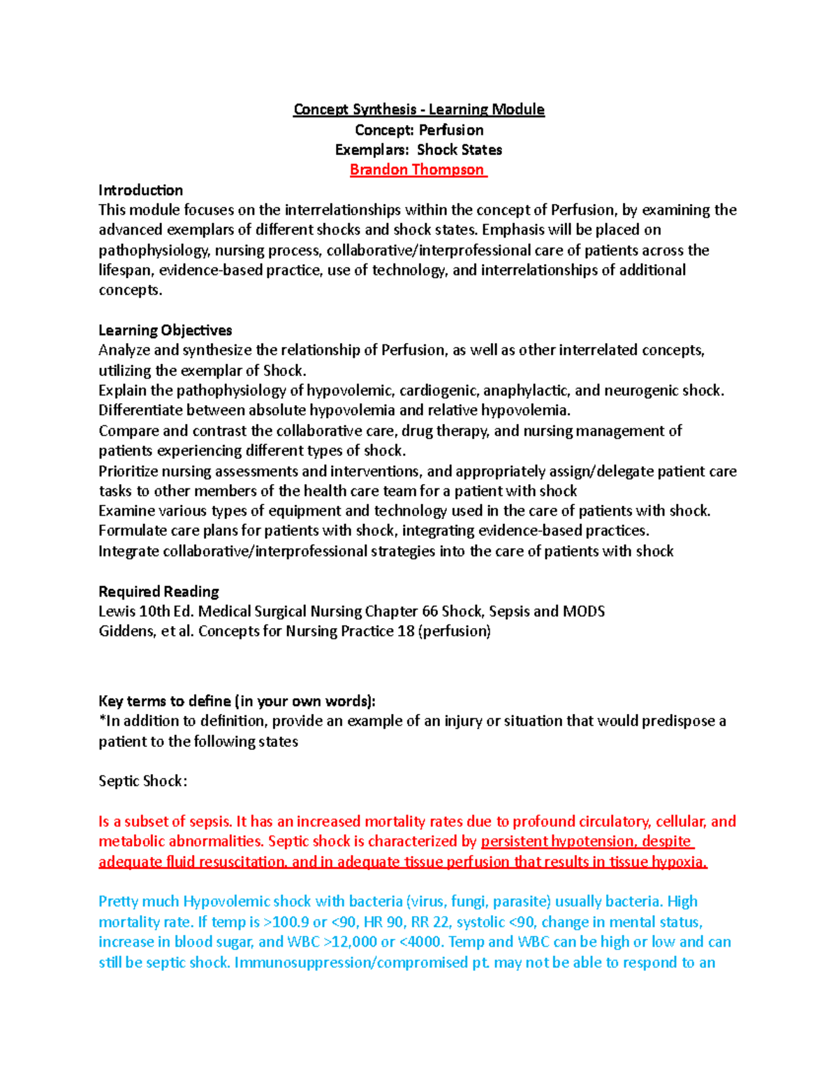Shock Learning Module - Level 5 Nursing Course work - Concept Synthesis ...