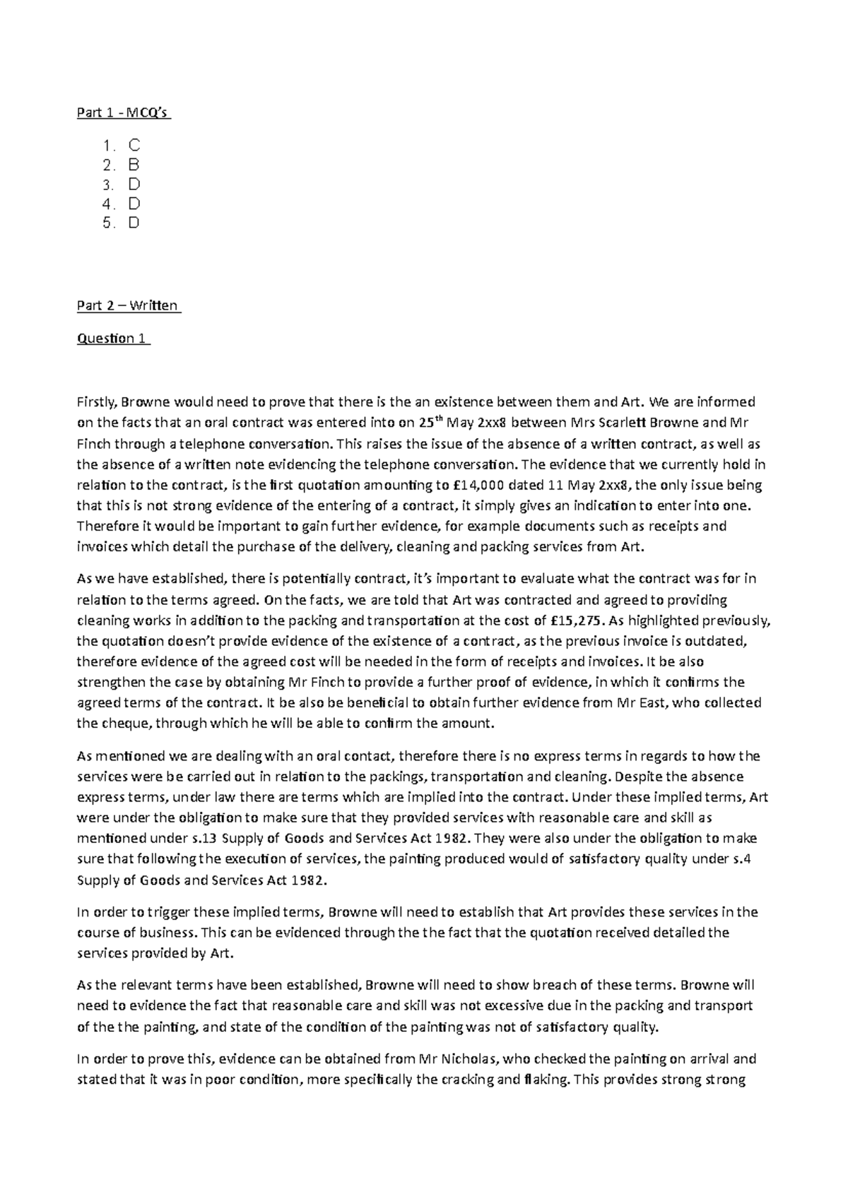 Mock - DR MOCK Q - Part 1 - MCQ’s 1. C 2. B 3. D 4. D 5. D Part 2 ...