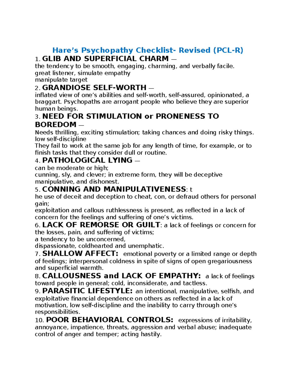 Psychopath checklist - Introduction to Forensic Psychology Chapter 2 ...