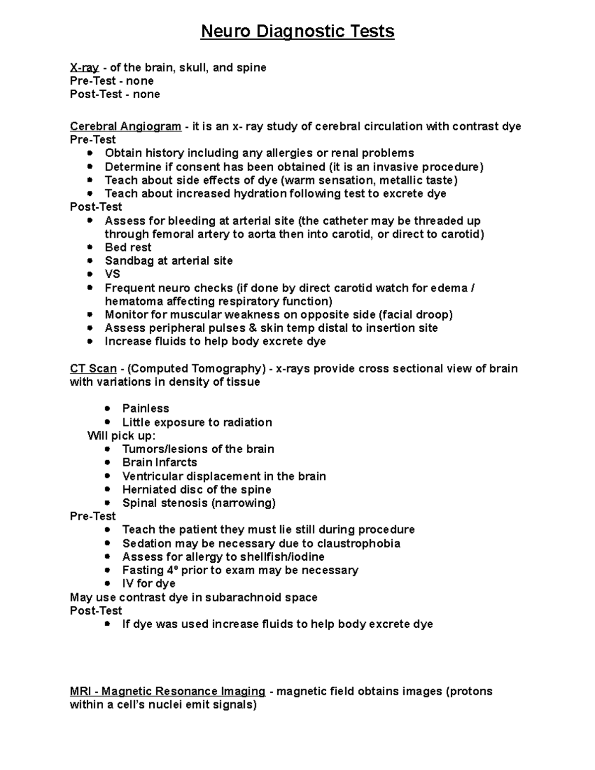 Neuro Diagnostic Tests Handout - Neuro Diagnostic Tests X-ray - of the ...