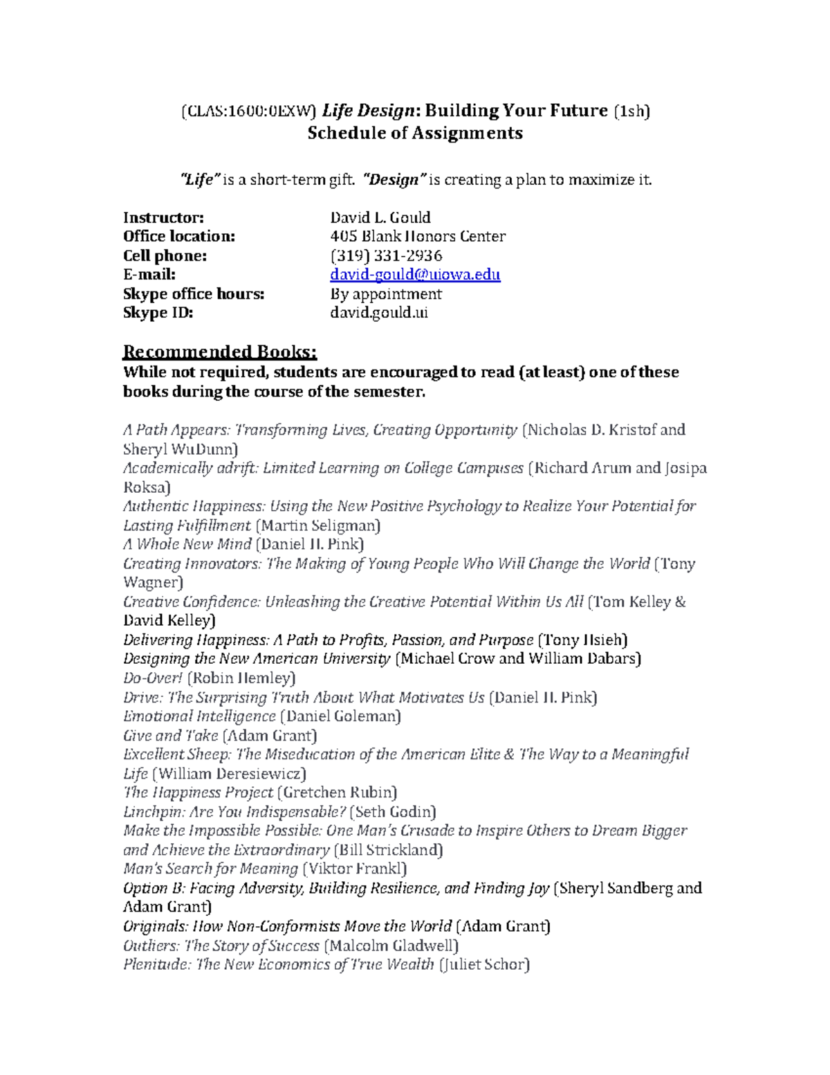 Schedule Assignment - (CLAS:1600:0EXW) Life Design: Building Your ...