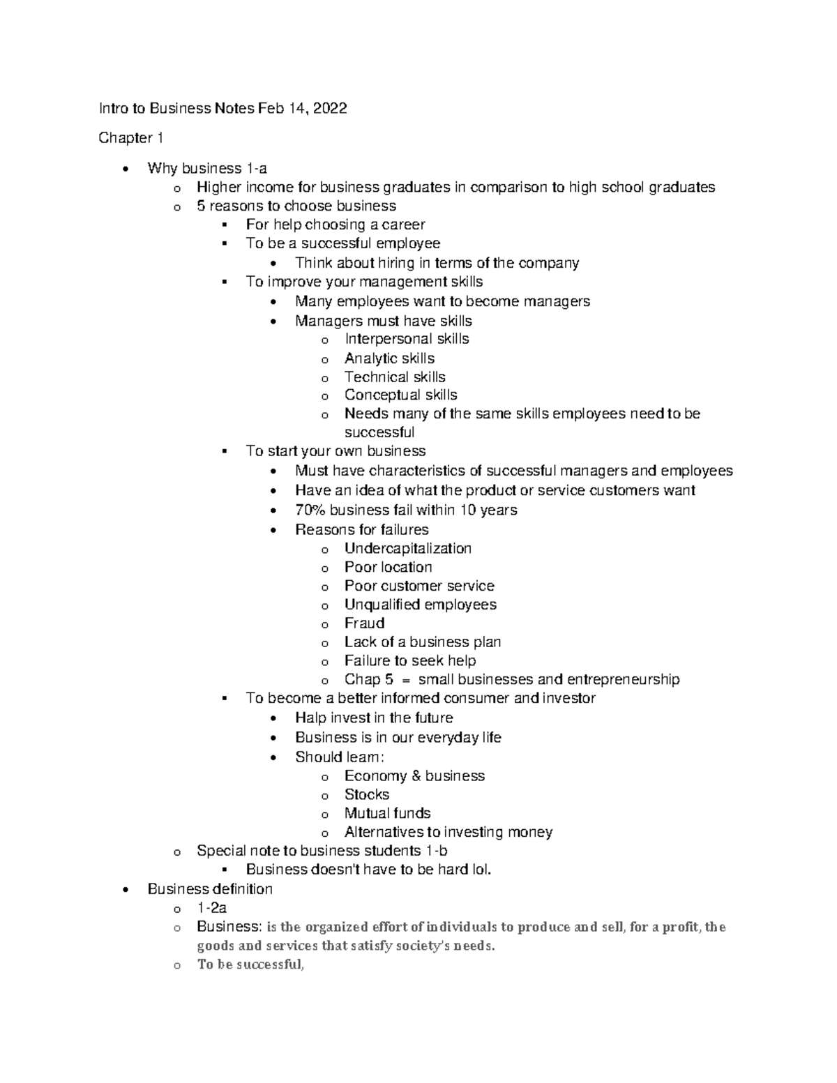 Business midterm notes - Intro to Business Notes Feb 14, 2022 Chapter 1 ...
