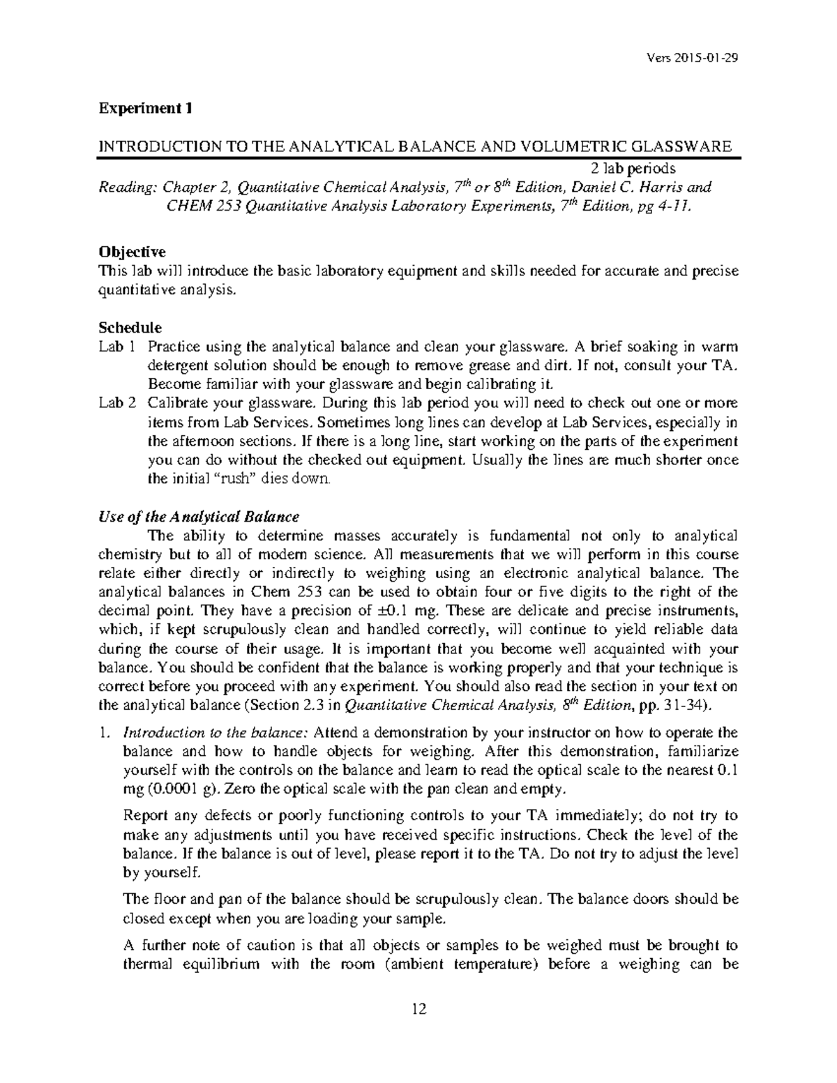 Experiment 1 - Harris and CHEM 253 Quantitative Analysis Laboratory Experiments, 7 th Edition ...