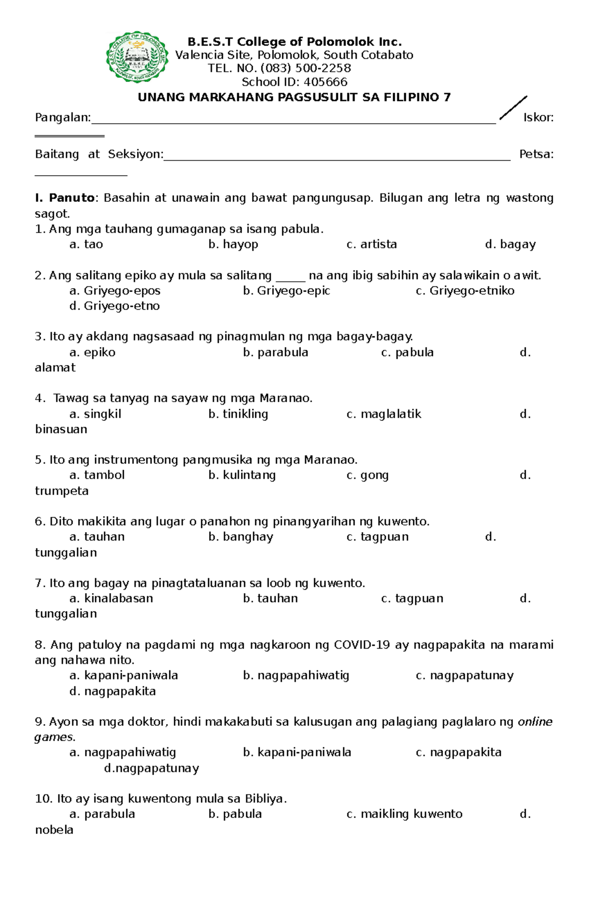 7-1st Quarter Exam - Sample of test papers - B.E.S College of Polomolok ...