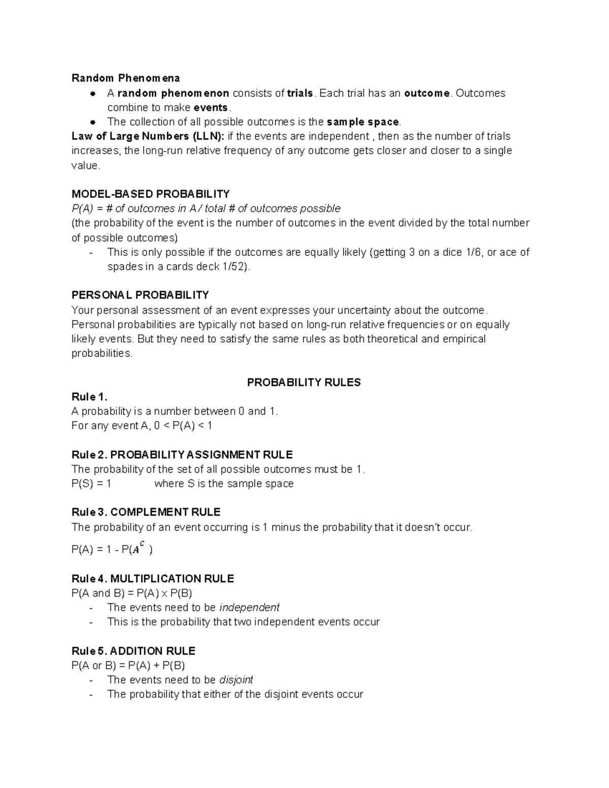 Statistics Summary (QM1) - Random Phenomena A random phenomenon ...