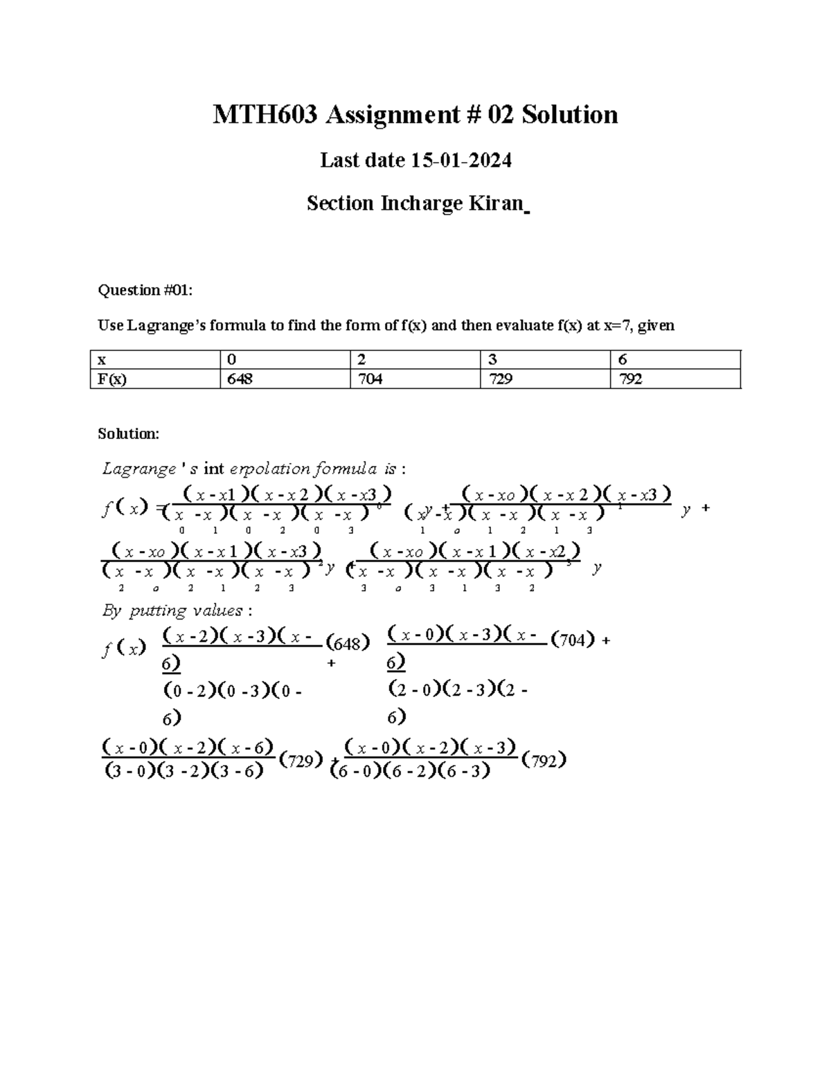 MTH603(Kiran Naseem)By One Step To - MTH603 Assignment # 02 Solution Last date 15-01- Section ...