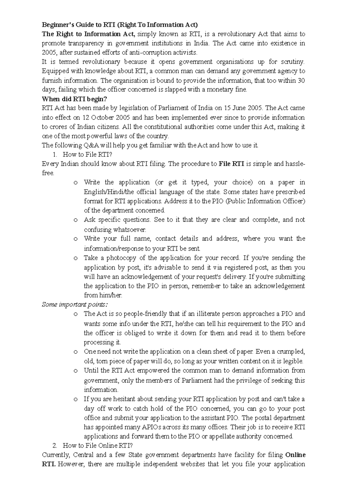 Guidelines to RTI - Beginner's Guide to RTI (Right To Information Act) The Right to Information ...