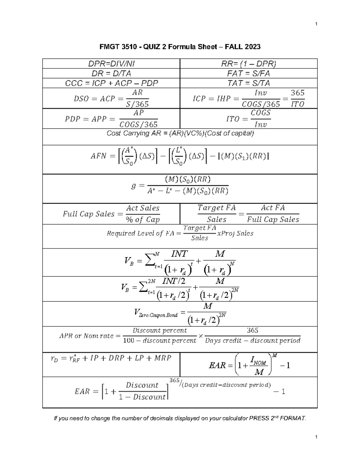 FMGT3510 QUIZ 2 Formula Sheet 2023 1 1 FMGT 3510 QUIZ 2 Formula