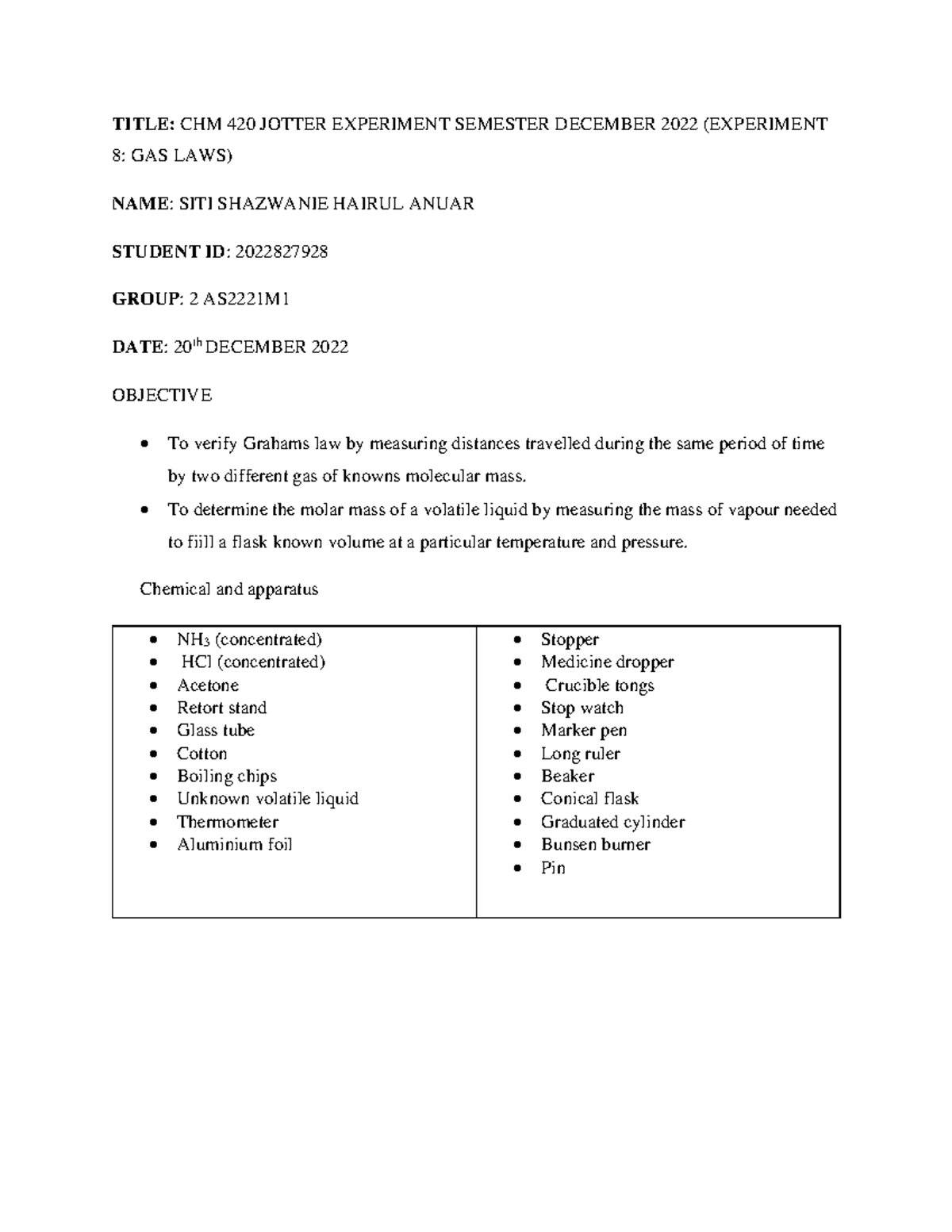 Jotter Experiment 8 CHM420 GAS LAWS - TITLE: CHM 420 JOTTER EXPERIMENT ...