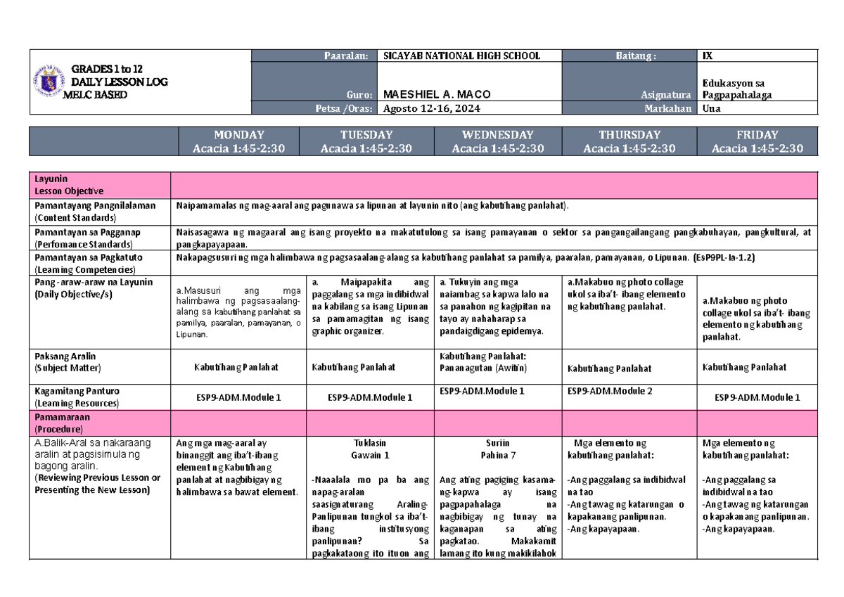 DLL-ESP.9-AUG. 12-16, 2024 - GRADES 1 to 12 DAILY LESSON LOG MELC BASED ...