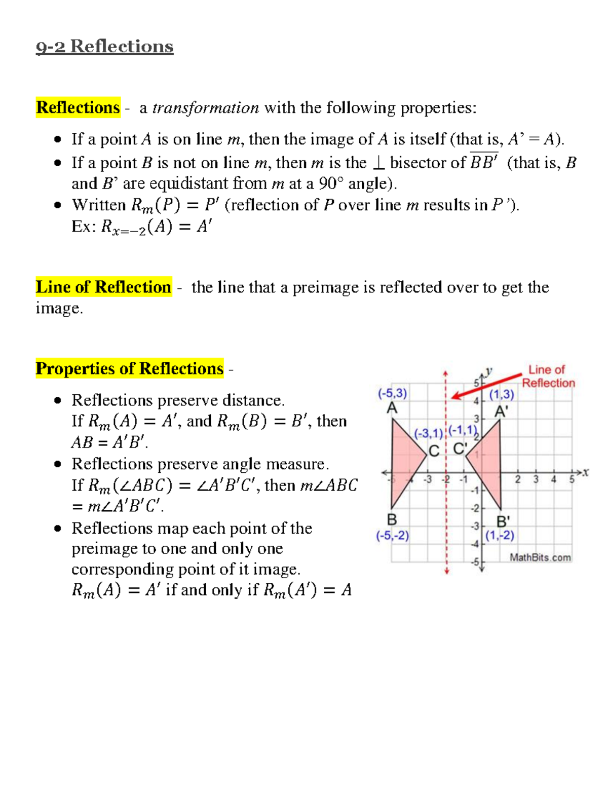 Hgeo teacher 9-2 - notes - 9-2 Reflections Reflections - a ...